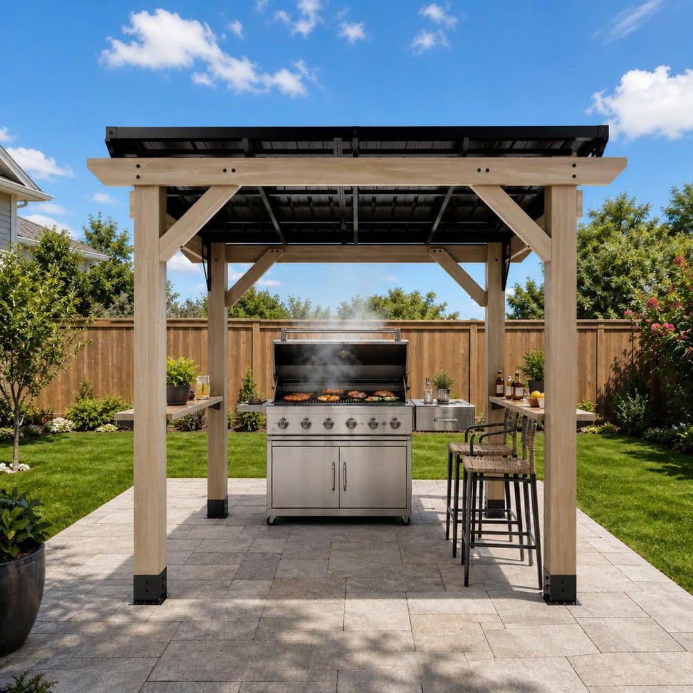 Clihome 8 ft. x 6 ft. Black Cedar Wood Hardtop BBQ Gazebo with Dual Bar ...