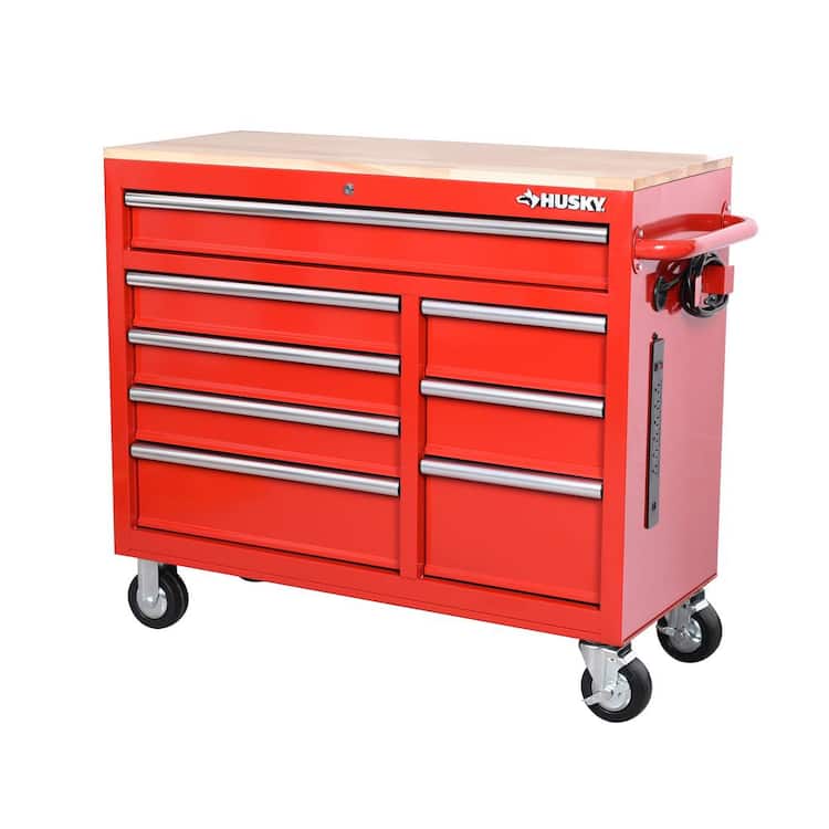 Husky 42 in. W x 18.1 in. D 8-Drawer Red Mobile Workbench Cabinet with ...
