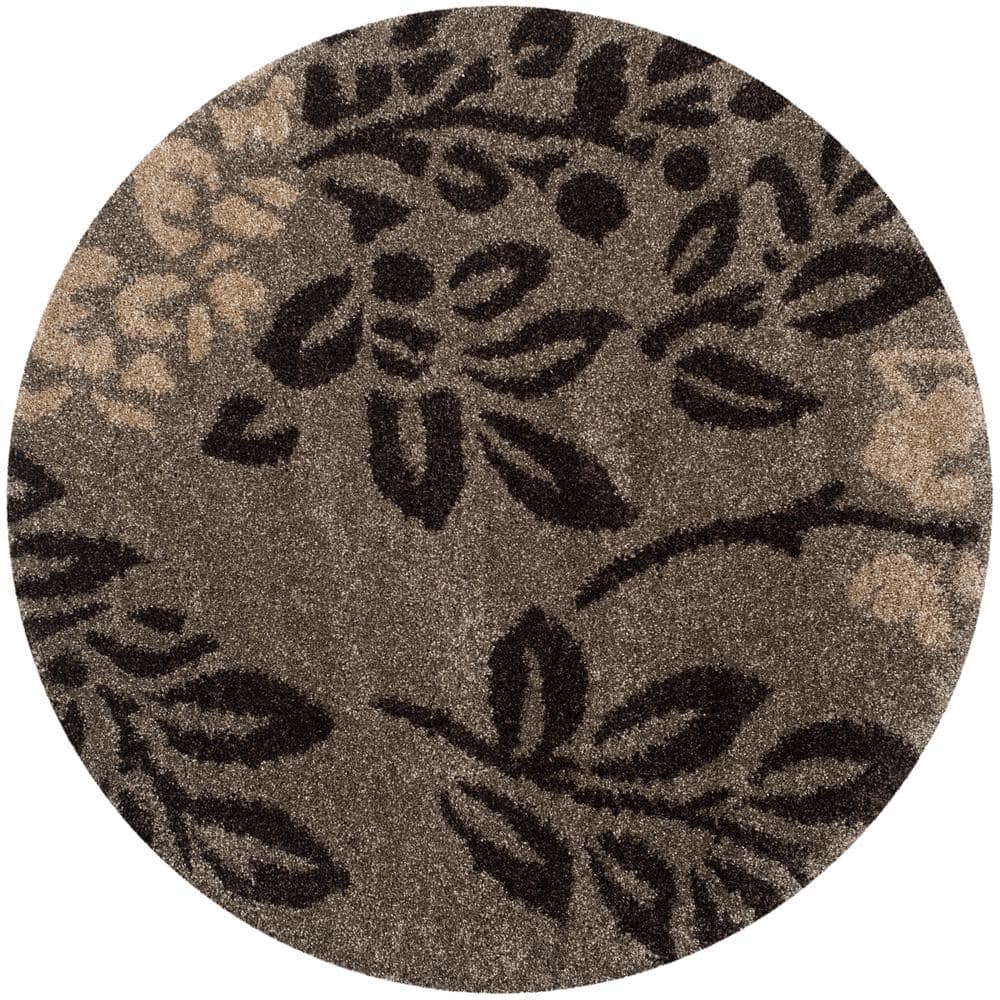 SAFAVIEH Florida Shag Smoke/Dark Brown 4 ft. x 4 ft. Round Floral Area ...