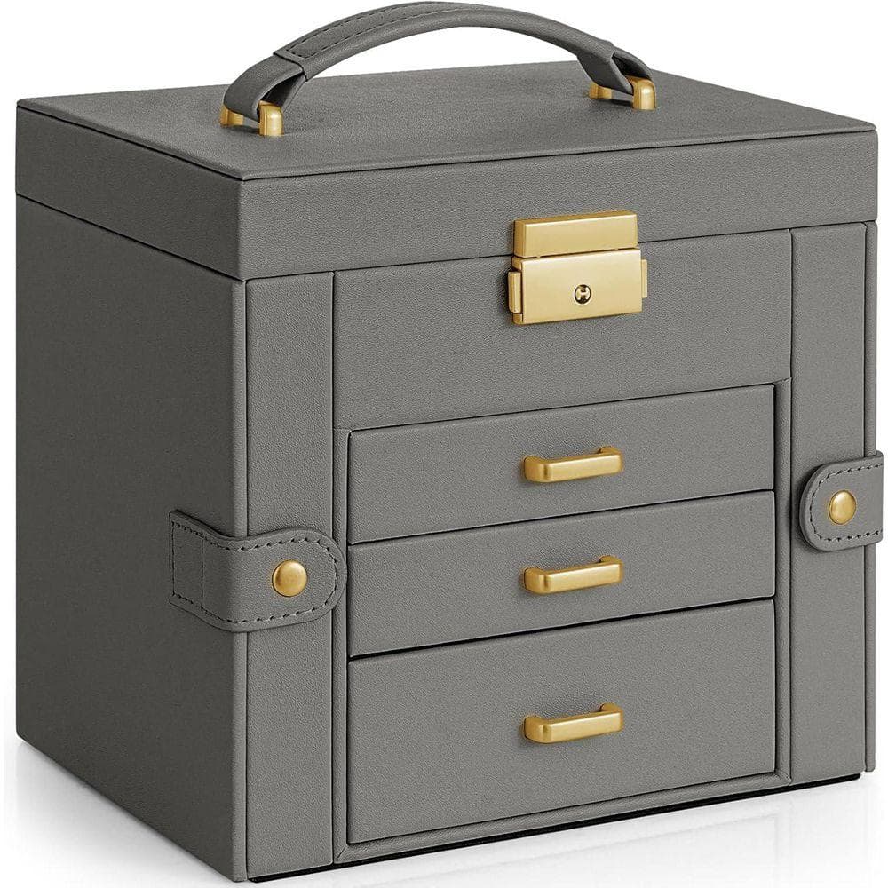 4-Tier Jewelry Box Faux Leather Jewelry Storage Organizer with 3 ...