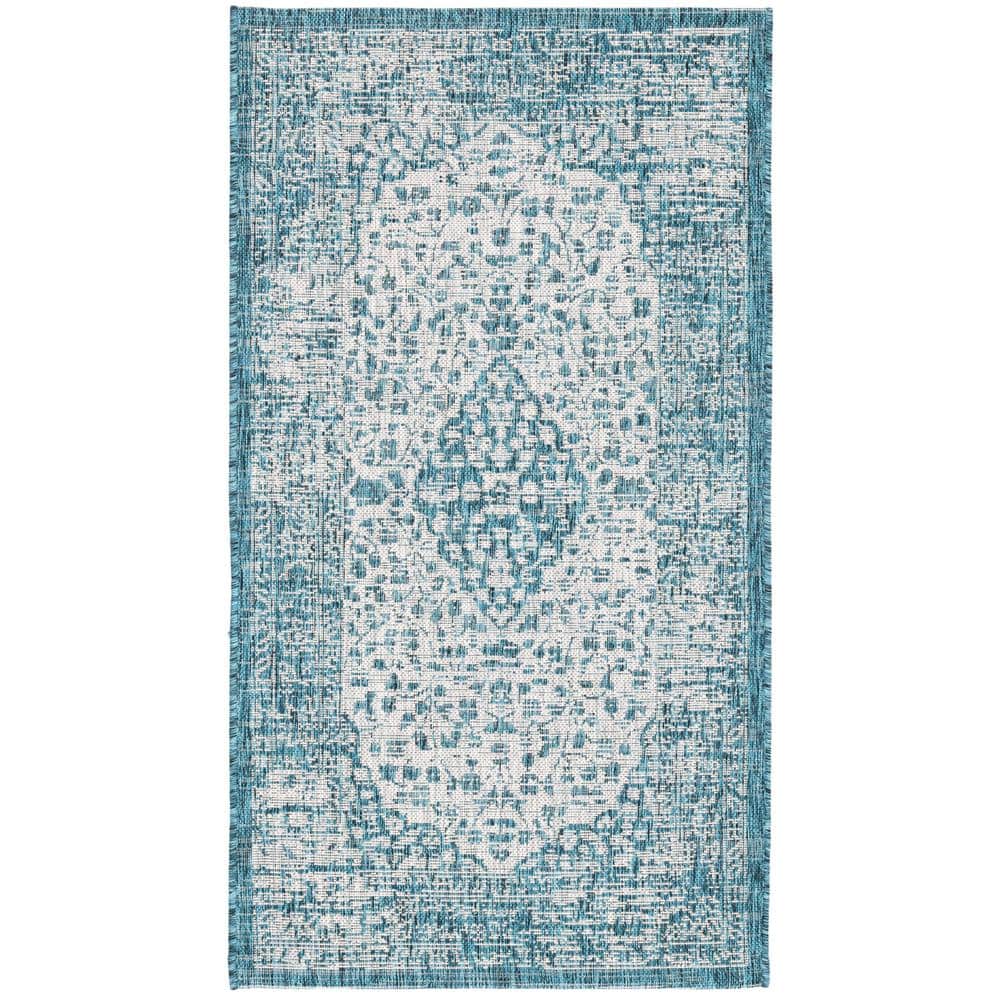 SAFAVIEH Courtyard Teal/Cream 3 ft. x 5 ft. Medallion Border Indoor ...