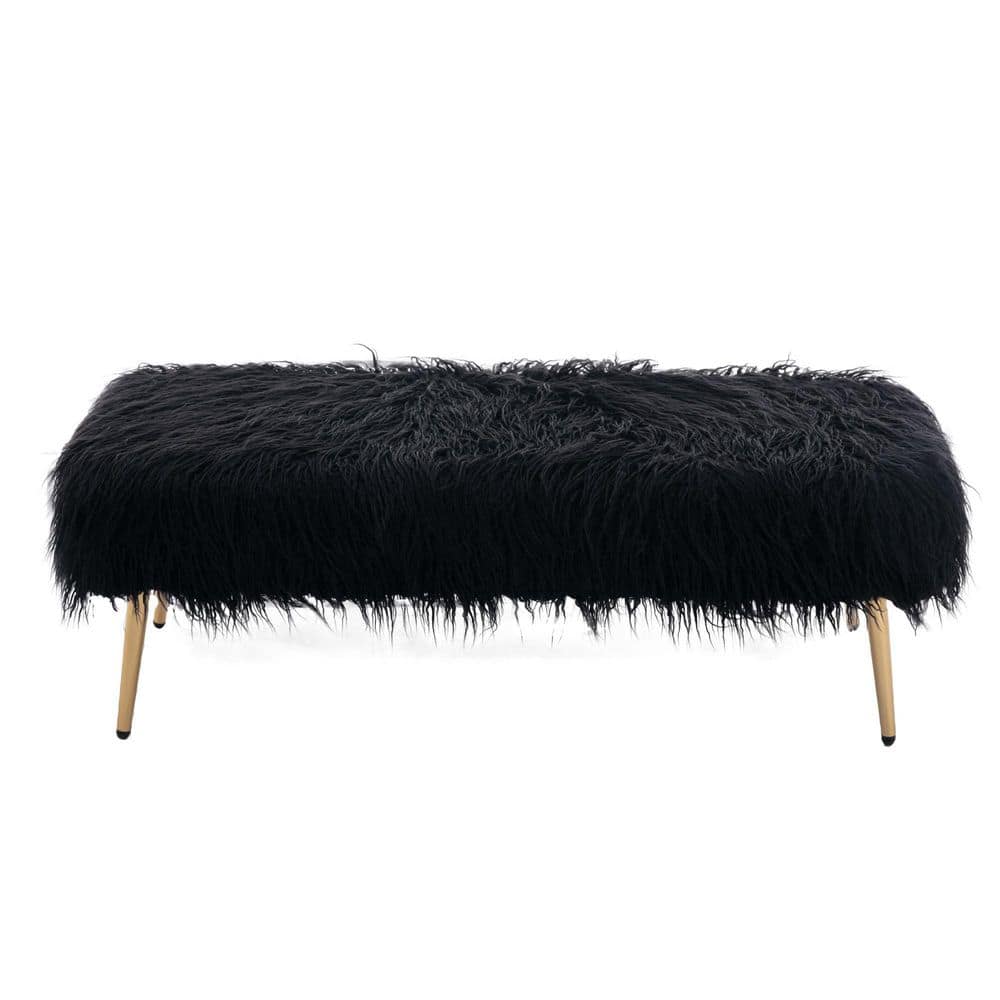 Modern Fluffy Black Faux Fur Plush Bench with 16.54 in. H x 47.24 in. W ...