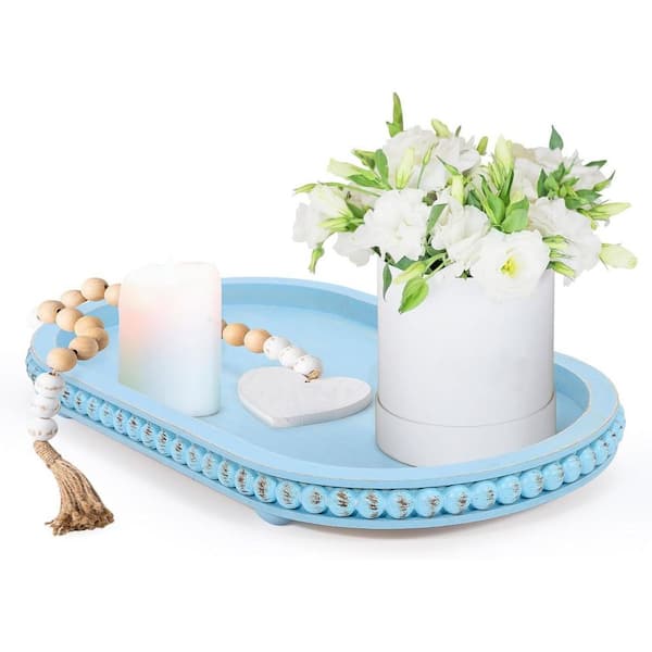 15 in. Light Blue Oval Wood Decorative Tray (Set of 1) HPDB8Y3V - The ...