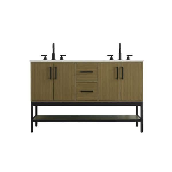 TIMELESS HOME 54 in. Double Sink Chestnut Brown Bath Vanity with White ...
