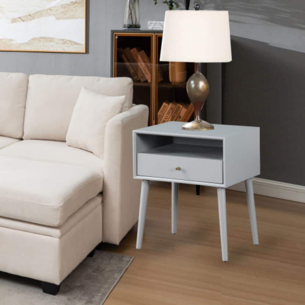Clihome Gray 1 Drawer Wood Nightstand Small Bedside End Table with Open ...
