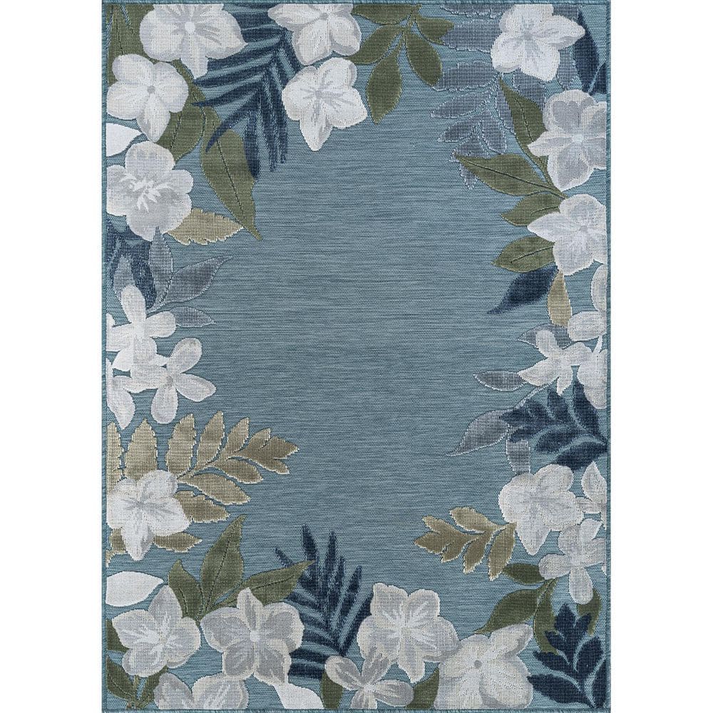 Beverly Rug Eden 9 ft. x 12 ft. Aqua Washable Border Floral Indoor ...
