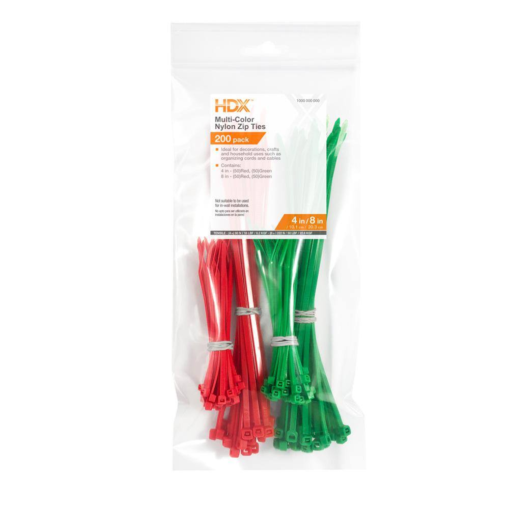 HDX 4 in. and 8 in. Zip Tie Holiday Colors (200-Pack) DIY FT200PK RG ...