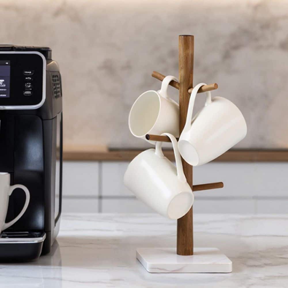 Wudkey White Wood Mug Holder, Marble Base Cup Rack Tree Cup Stand ...