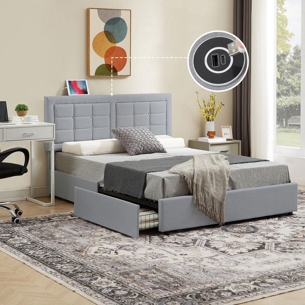 VECELO Upholstered Bed with 4 Drawers Queen Bed Frame Light Gray Platform Bed with Headboard Built in USB and Type C Ports THD Q01 LGRY DRA4 The