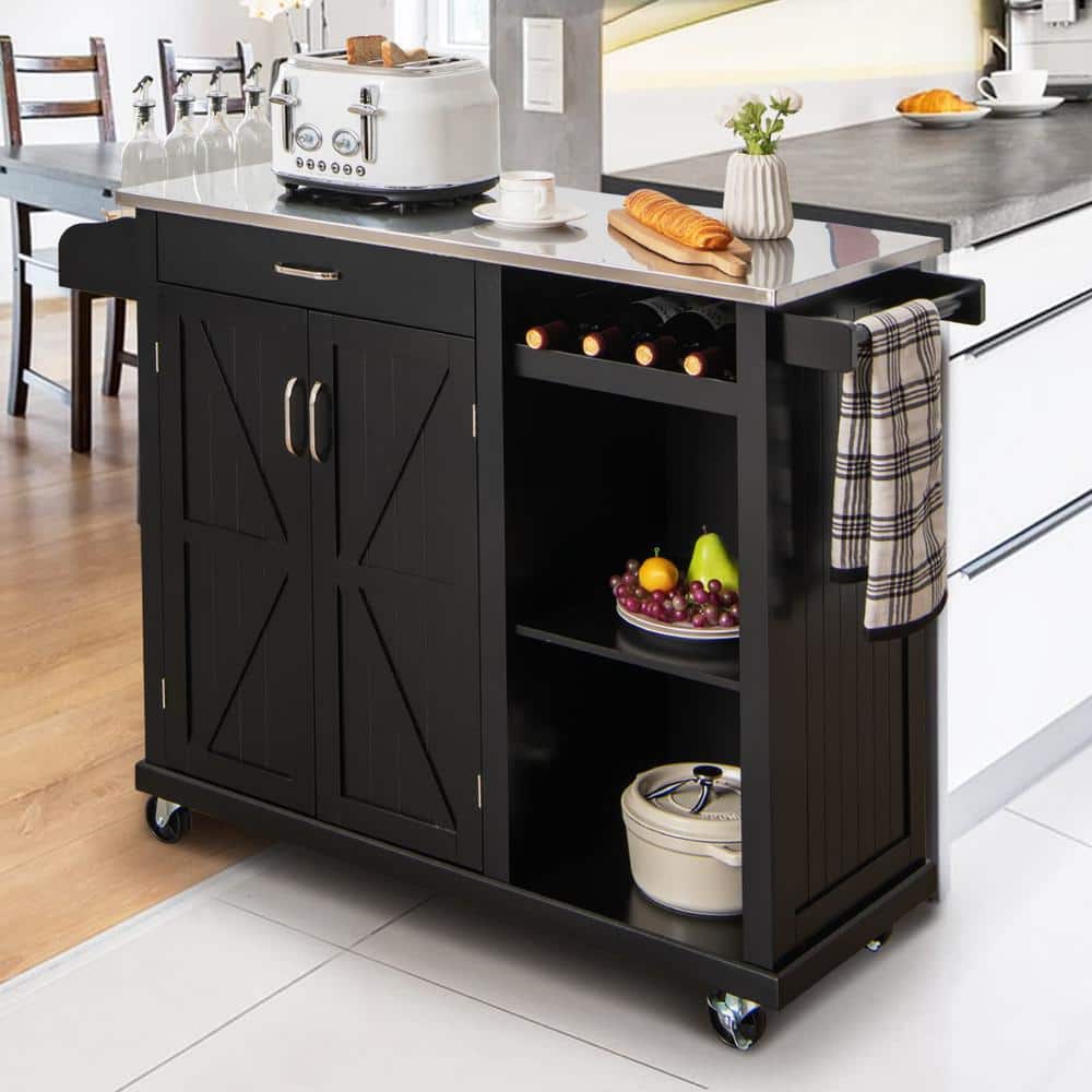 Bunpeony Black Stainless Steel Kitchen Cart with Drawer and Wine ...