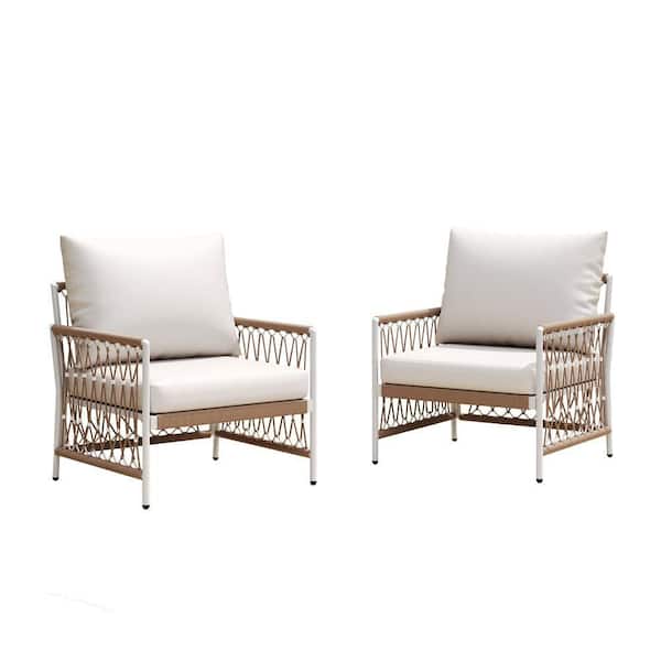 26.77 in. H Beige Steel Bohemian Outdoor Lounge Chair with Handwoven ...