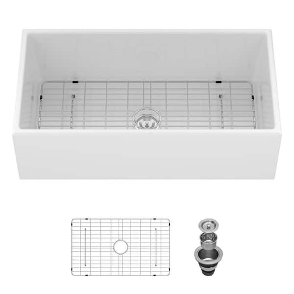 LORDEAR Ceramic White 36 in. Rectangular Single Bowl Farmhouse Apron ...