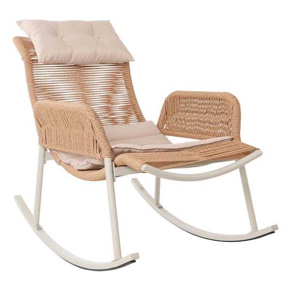PATIOGUARDER Patio Beige Wicker Braided Style Outdoor Rocking Chair ...
