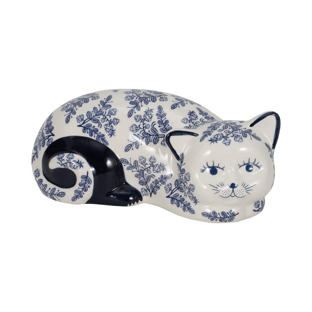 Liv & Skye Blue 9 in. x 4 in. Ceramic Cat Chinoiserie Vintage Style ...