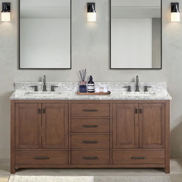 Avanity Modero 73 in. Double Sink Mocha Oak Bath Vanity with Carrara ...