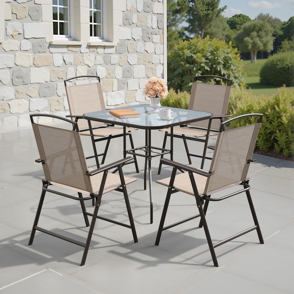 CLOUDFLY 5-Piece Metal Square Outdoor Dining Set with Patio Foldable ...