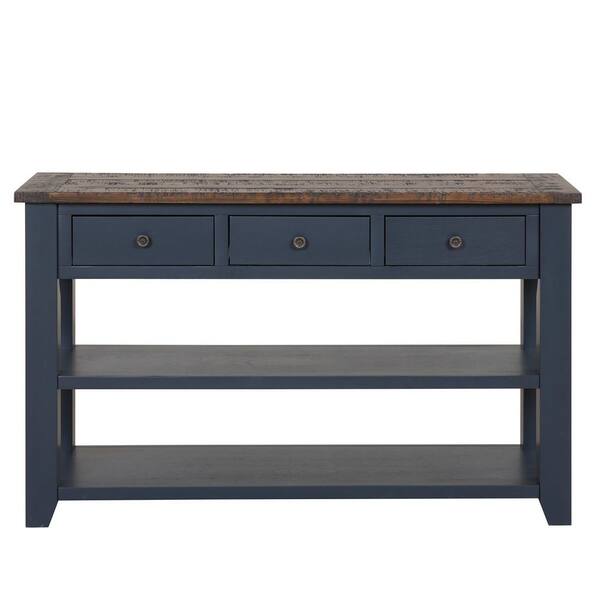 ANBAZAR 49 in. Blue Rectangle Distressed Wood Top Console Table with ...