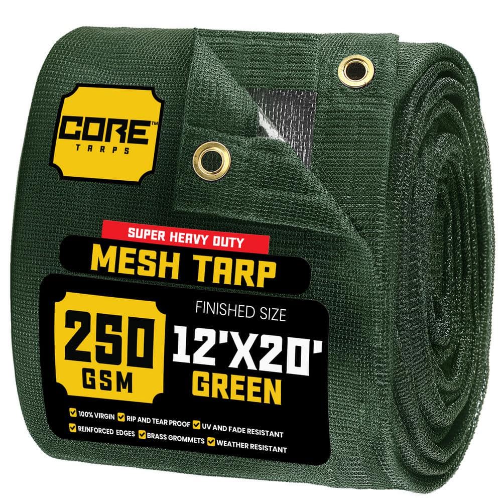 CORETARPS 12 ft. x 20 ft. Green 250 GSM 7.5 OZ Heavy Duty Mesh Tarp, UV ...