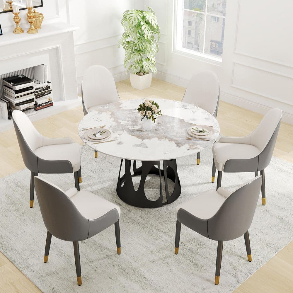 Magic Home 53 in. Pandora Round Sintered Stone Tabletop with Black Metal Pedestal Base Dining ...