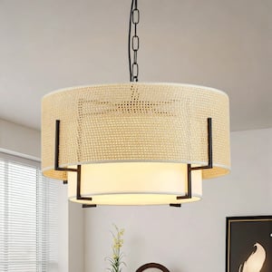 YUHAO 17.7 in. 3-Light Modern Boho Drum Gold Chandelier with Woven ...