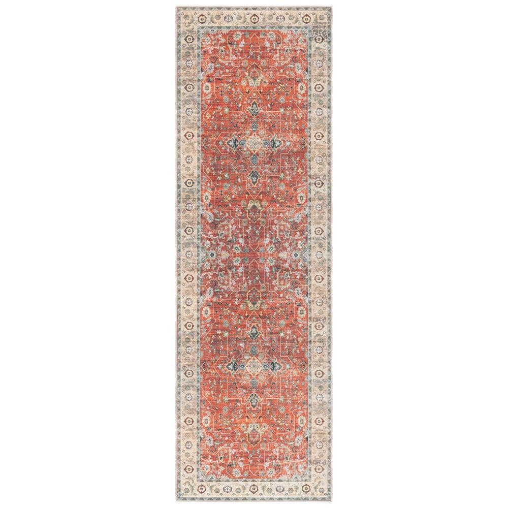 SAFAVIEH Arizona 3 ft. x 8 ft. Rust/Beige Machine Washable Border ...
