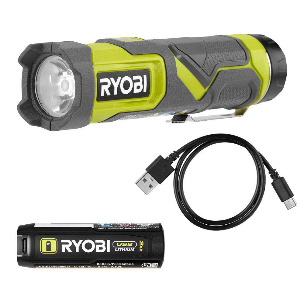 RYOBI USB Lithium Cordless Compact LED 3-Mode Flashlight Kit with 2.0 ...