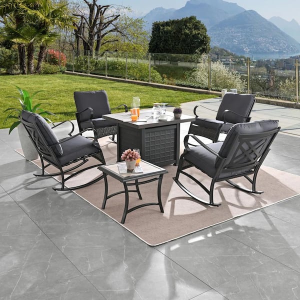 Patio Festival 7-Piece Metal Patio Conversation Set with Black Cushions ...