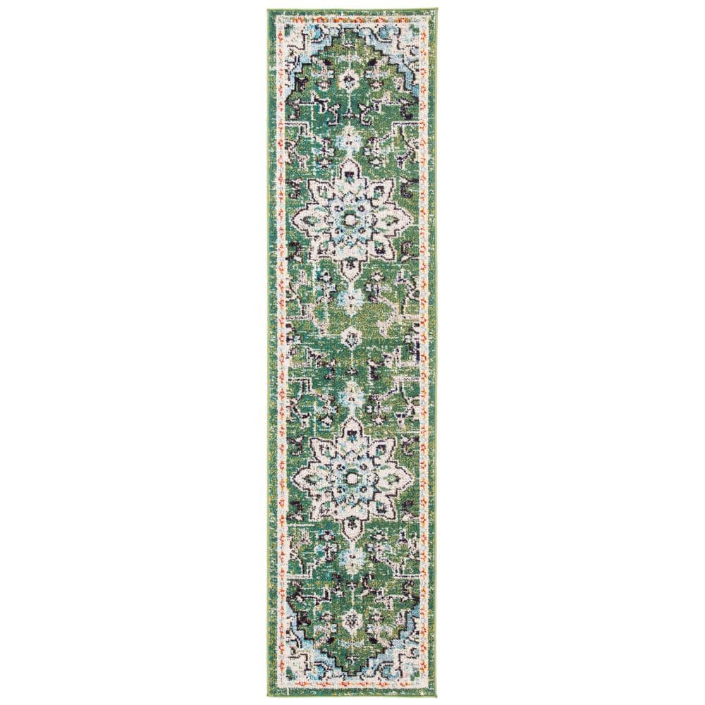 SAFAVIEH Madison Green/Turquoise 2 ft. x 16 ft. Border Geometric Floral ...
