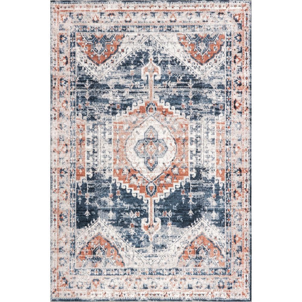 nuLOOM Evette Traditional Medallion Machine Washable Navy 8 ft. x 10 ft ...