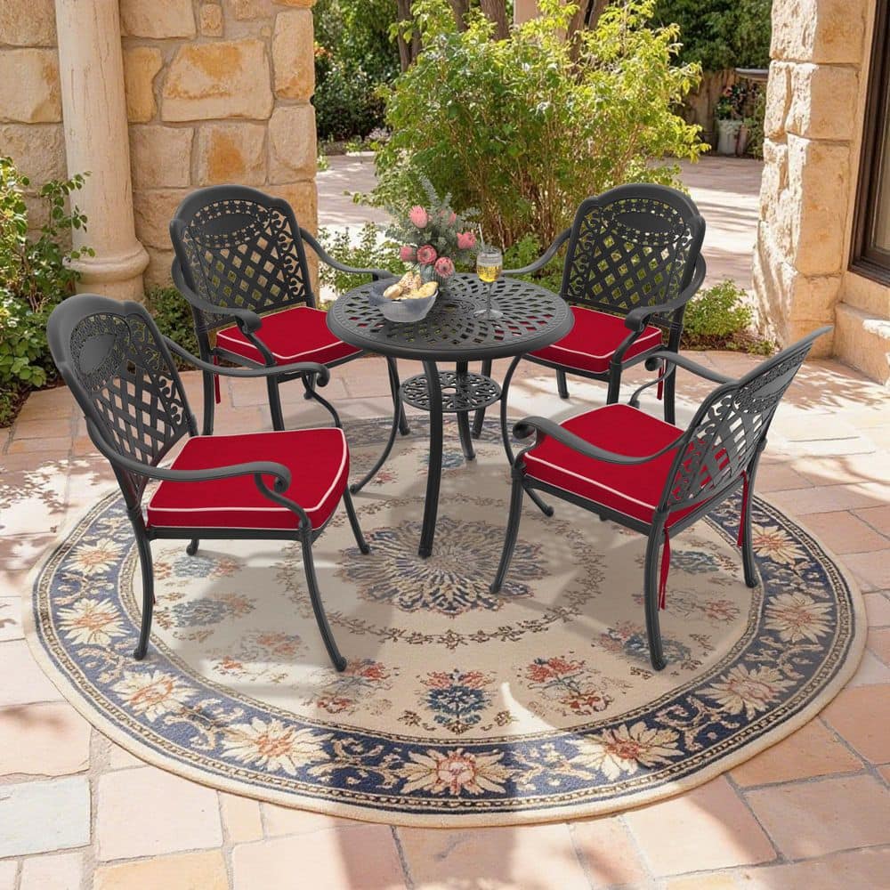 5-Piece Black Cast Aluminum Outdoor Dining Set with Red Cushions CZH-084.30 - The Home Depot