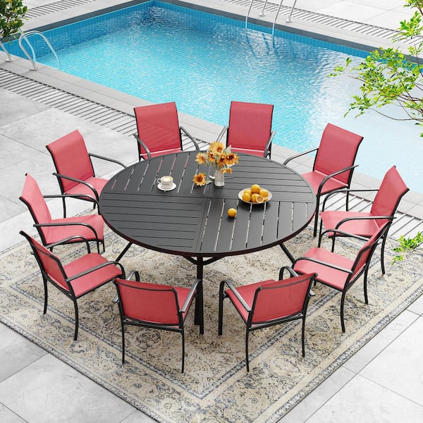 DIFY 11-Piece Outdoor Patio Dining Set with 59.8 in. Black Round Table and 10--Red Dining Chairs ...