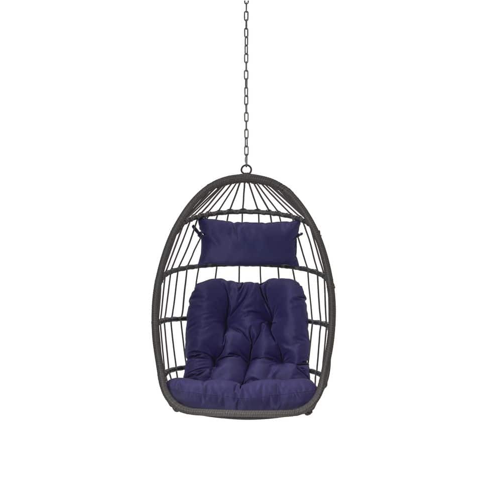 Wicker Patio Swing Hanging Egg Chair with Dark Blue Cushion VFYUIY1-DB ...