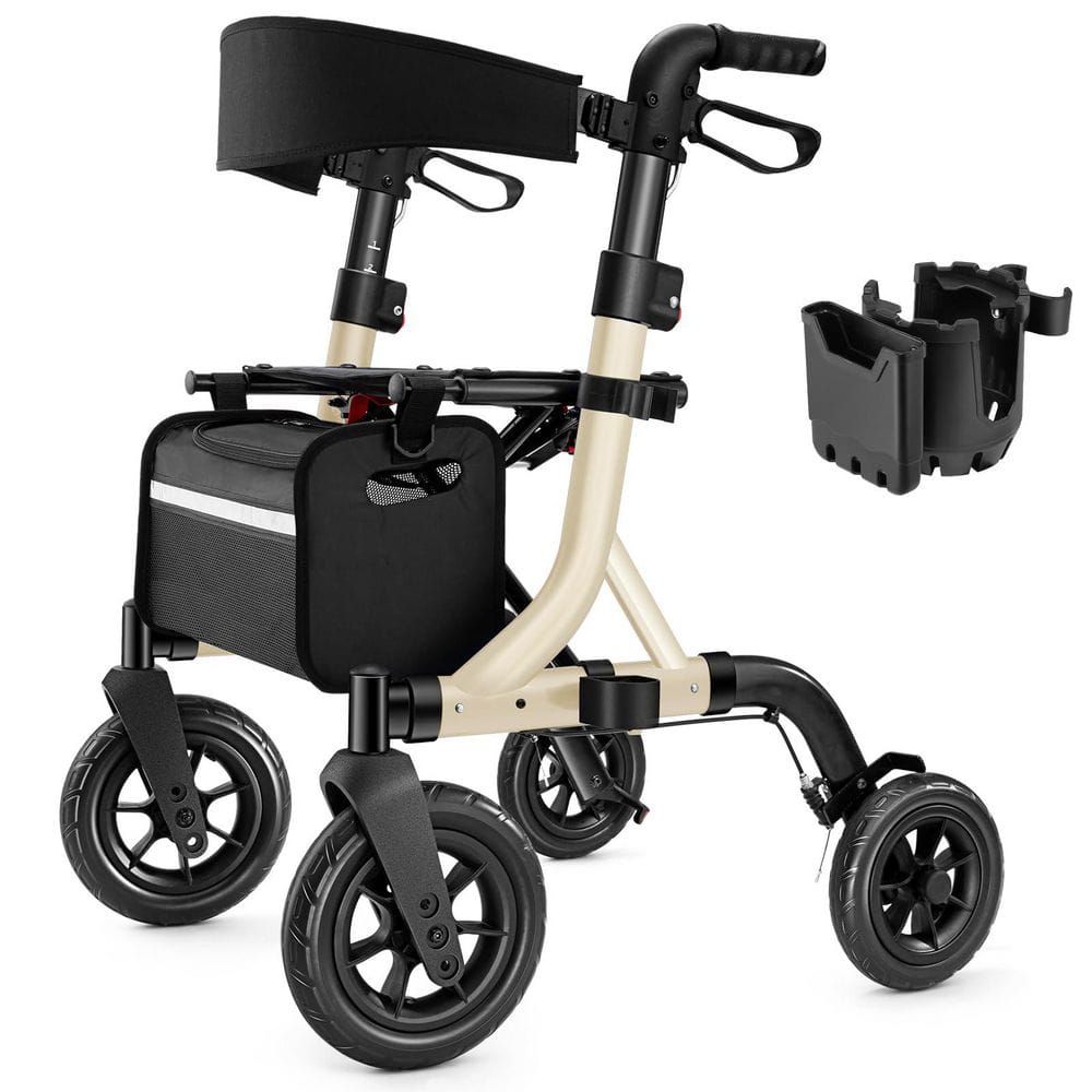Anqtovp 4-Wheel Rollator Walker with Seat, 10 in. Rubber Wheels All ...