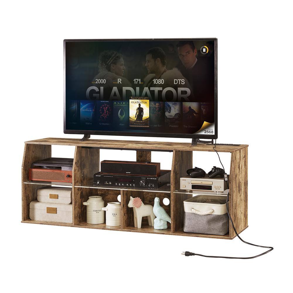 VECELO 55 in. TV Stand, Entertainment Center with LED Strip and Power Outlets for 45~70 in. TVs ...