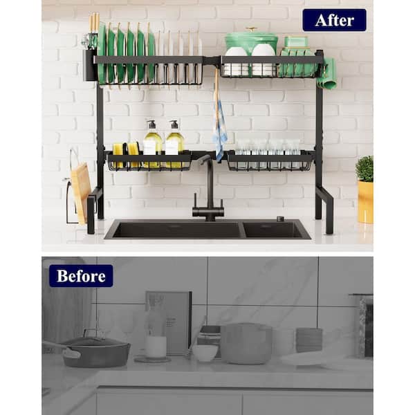 Wudkey Black Adjustable Over the Sink Dish Rack with Multifunctional ...