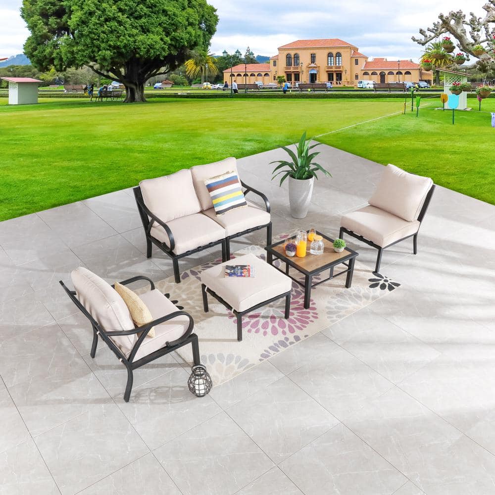 Patio Festival 6-Piece Metal Outdoor Sectional Set with Beige Cushions ...