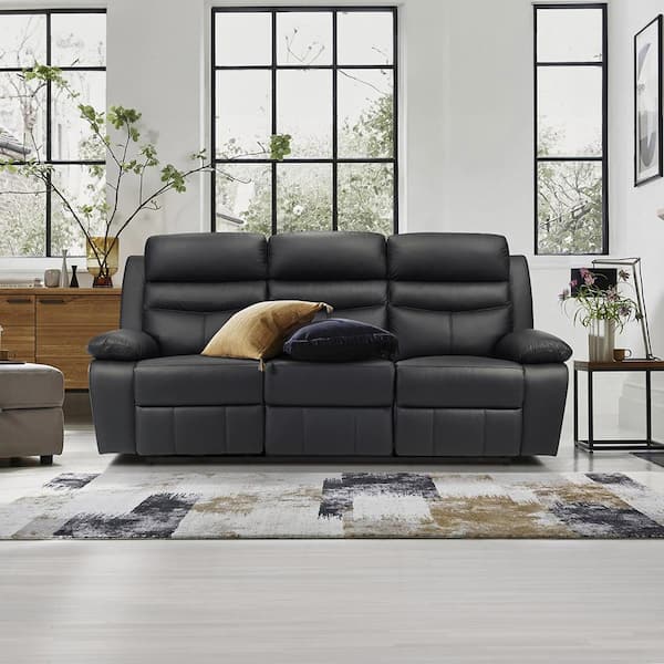 Lazzara Edelia 86.5 in. W. Pillow Top Arm Leather Rectangle 3 Piece Power Reclining Sofa Set in Black 9628BLK 3PW