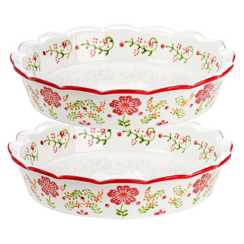 2-Pack 9 in. Round Ceramic Pie Plate w Fluted Rim, Floral Design Deep ...
