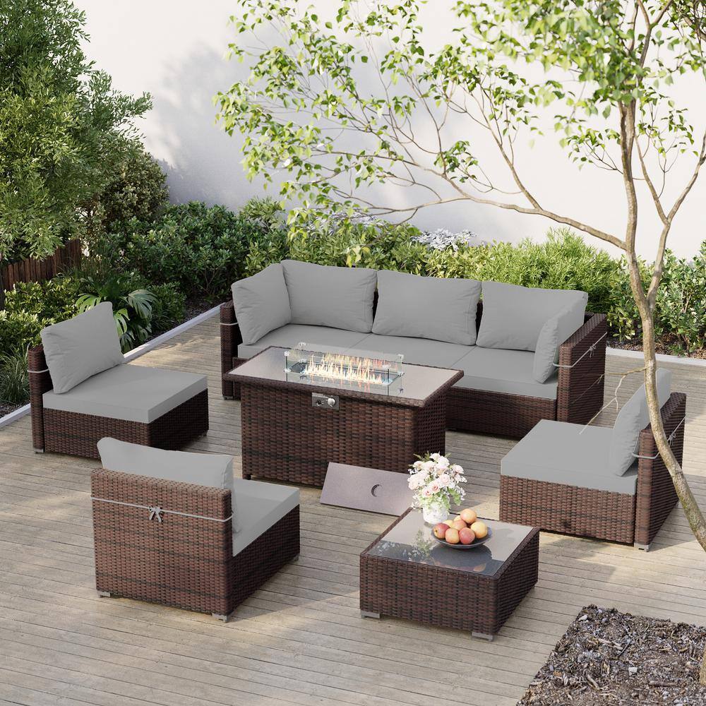 UPHA 7-Pieces Outdoor Brown Rattan Conversation Set with Rattan Fire ...