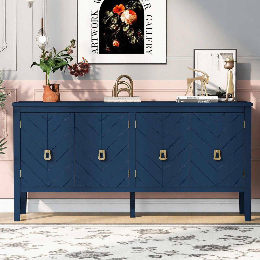 Polibi Navy Blue Wood 63 in. Sideboards with Four-Door, Geometric Line ...