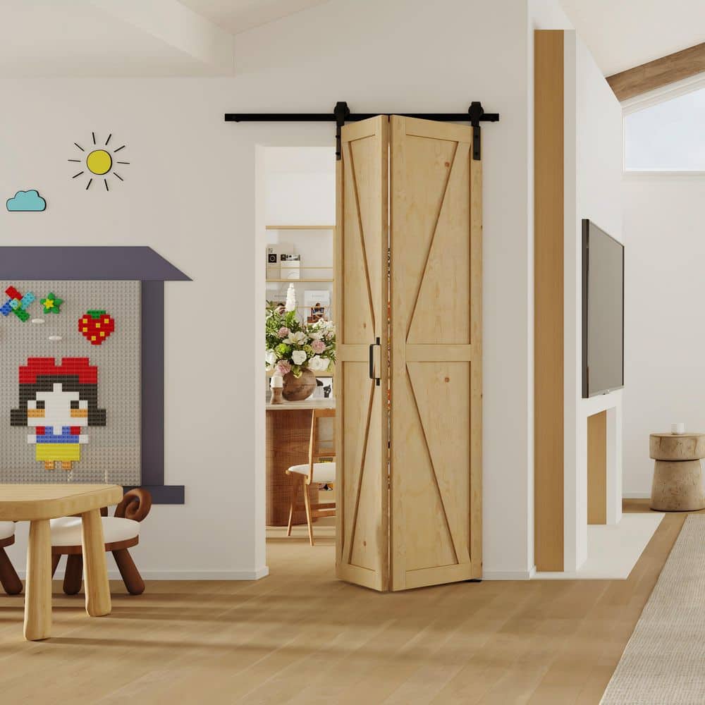 Reviews for TENONER 42 in. x 84 in. K-Shape Primed Pine Wood Bi-Fold Style Sliding Barn Door ...