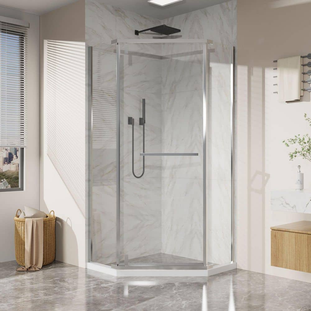 WELLFOR 36 in. W x 72 in. H Neo Angle Pivot Semi Frameless Corner ...