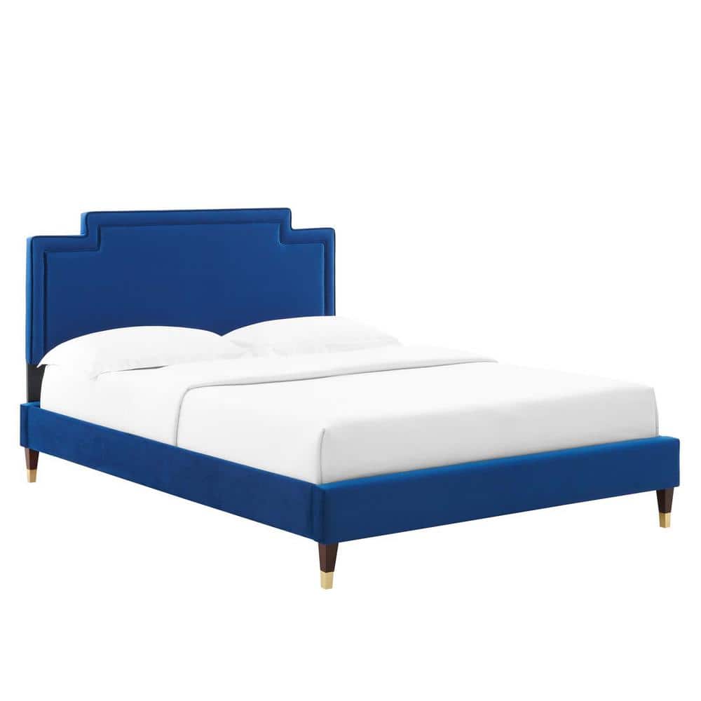 MODWAY Liva Blue Performance Velvet Frame Queen Platform Bed with ...