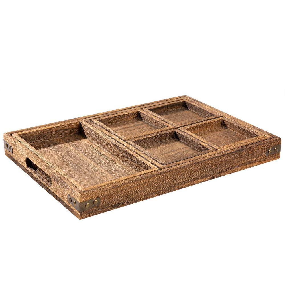 Angel Sar 7-Piece Rectangular Rustic Wooden Serving Tray with Handle ...