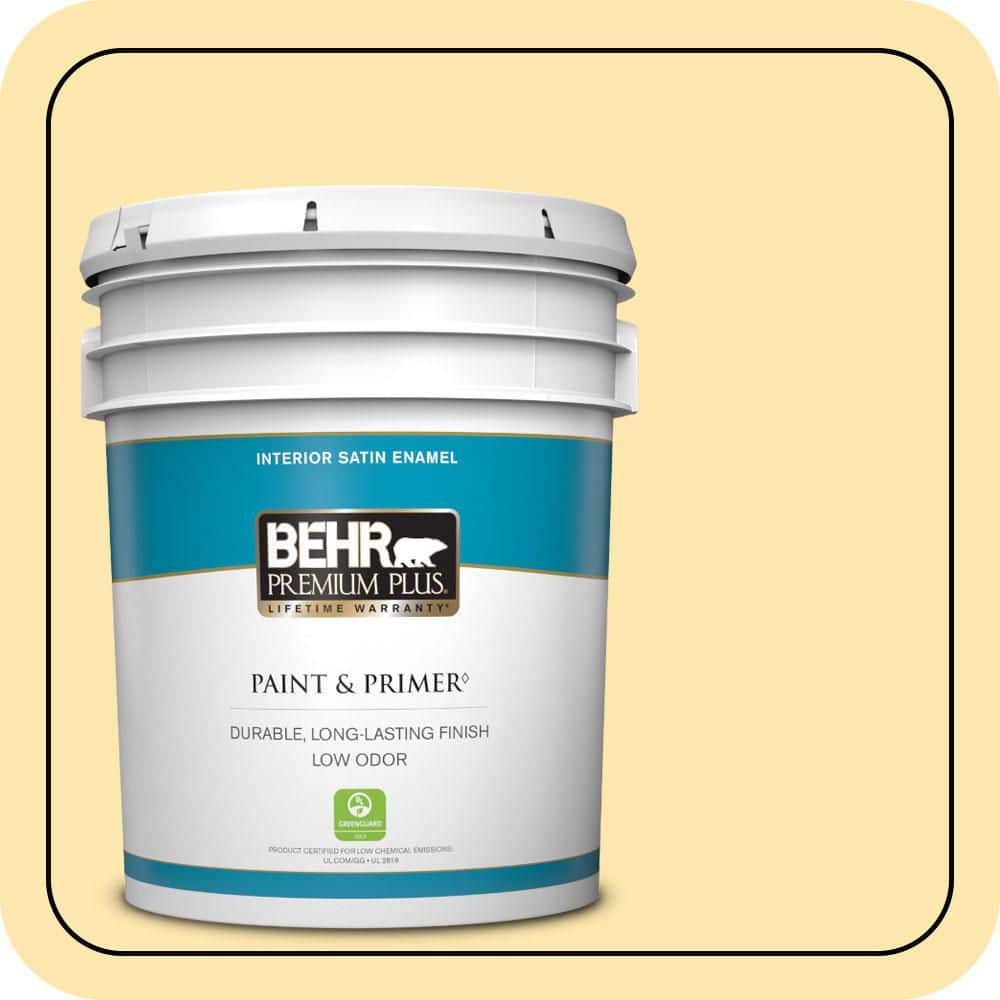 BEHR PREMIUM PLUS 5 gal. #350B-4 Lemon Souffle Satin Enamel Low Odor ...
