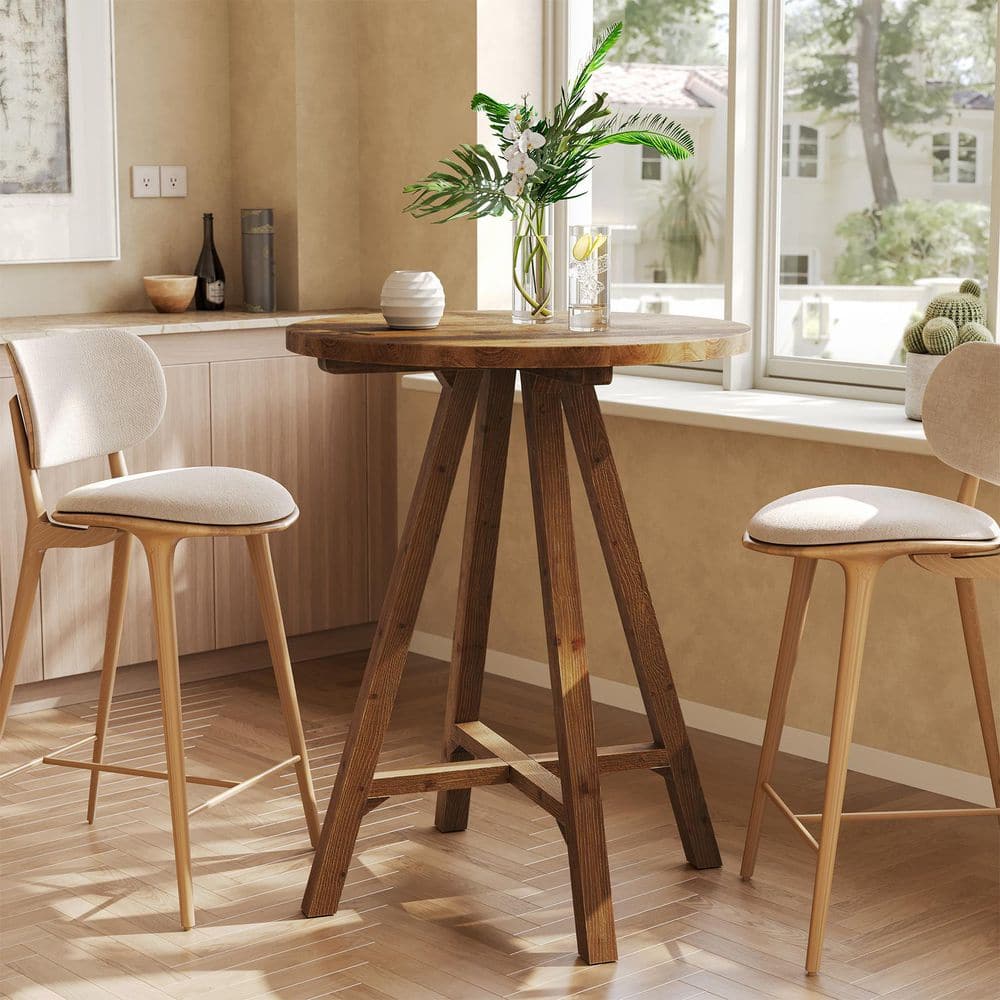 BYBLIGHT 35.43 in. H Solid Wood Brown Round Bar Table Seats 2, Pub ...