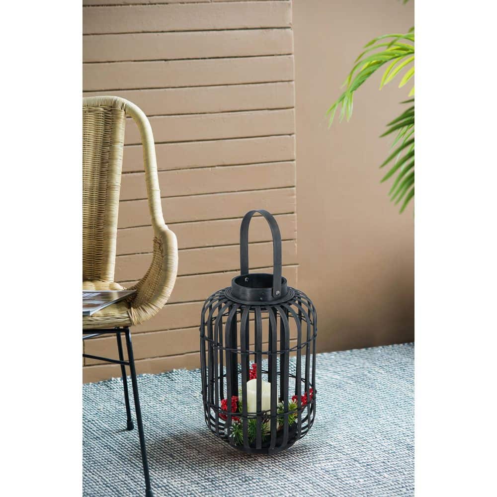 14 in. x 9 in. Bamboo Black Small Classic Lantern with White LED Candle ...