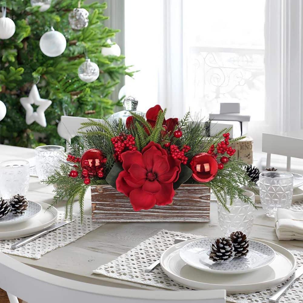 11 in. Red Indoor Artificial Norfolk Pine in Rustic Wooden Pot Flower ...