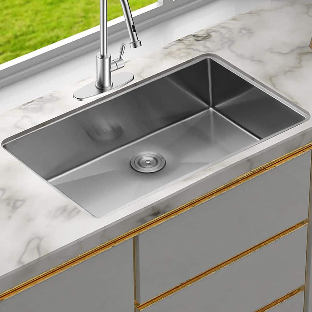 Timussi 33 in. Undermount Single Bowl 16 Gauge Brushed Nickel Stainless ...