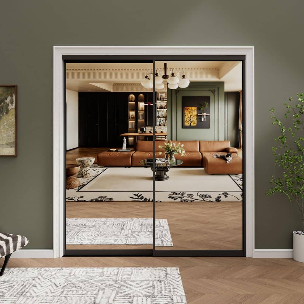 ARK DESIGN 60 in. x 80 in. 1-Lite Black Mirrored Glass and Aluminum ...